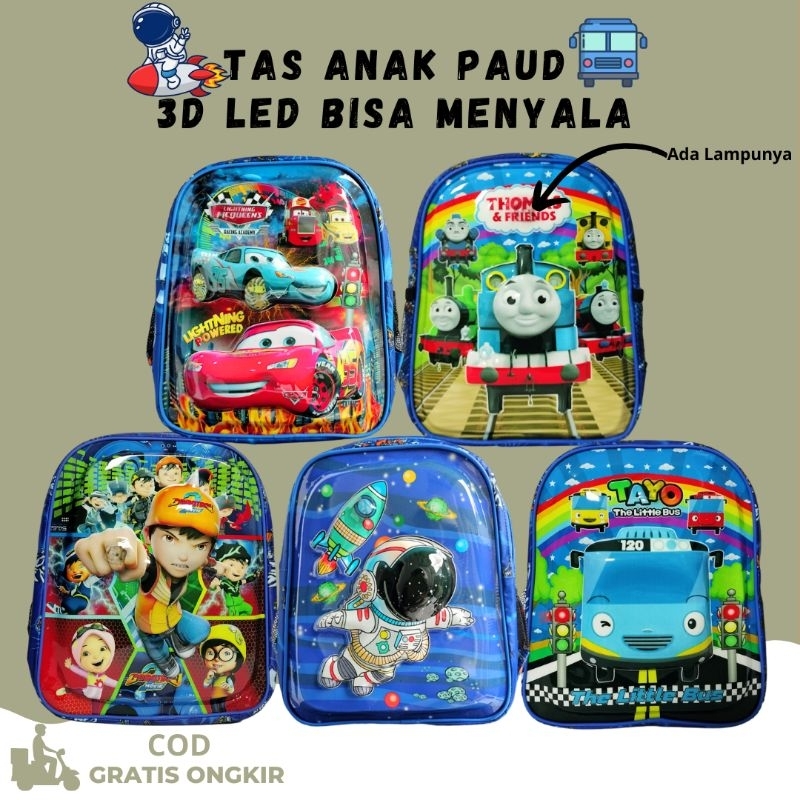 Jual Tas Sekolah Paud Terbaru/ Tas Anak Paud Cowok 3D Ber Led/ Tayo Thomas Pororo BoBoiBoy ...