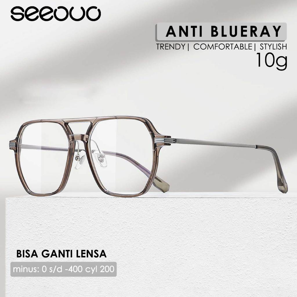 Jual Seeouo Kacamata Antiradiasi Blueray Model Kotak Aviator Double Bridge Titanium Light Frame ...