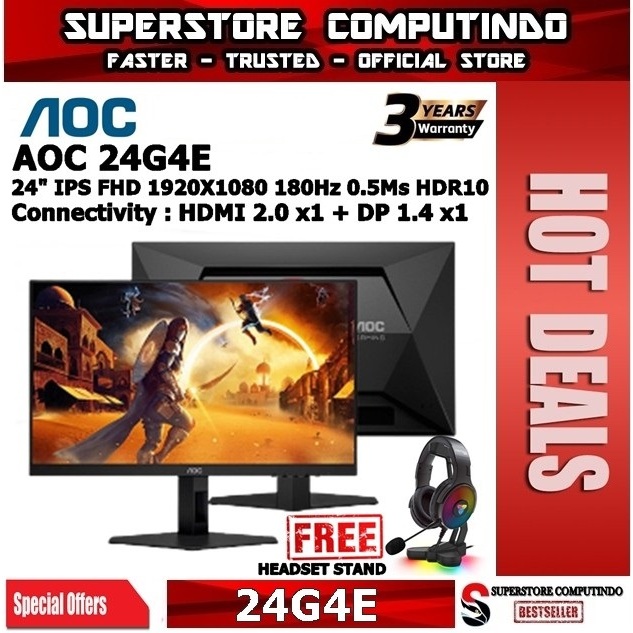 Jual Monitor LED AOC 24G4E 24" IPS 1080p FHD 180Hz 0.5Ms HDR10 HDMI DP ...
