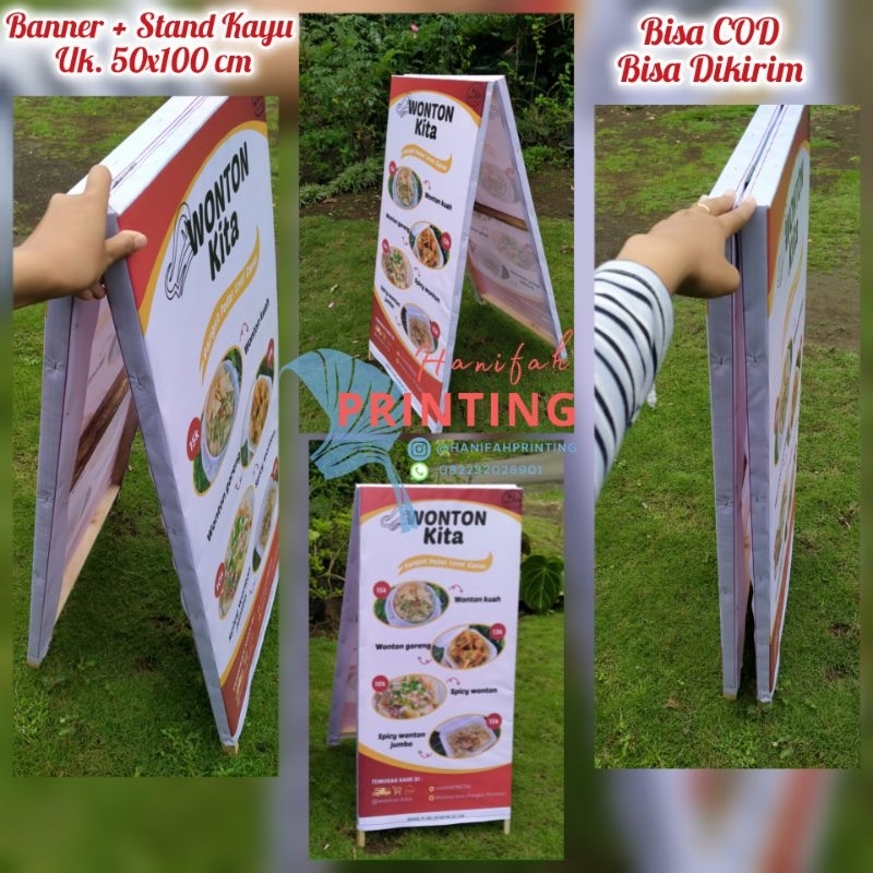 Jual standing banner kayu 2 sisi l standing banner segitiga kayu l ...