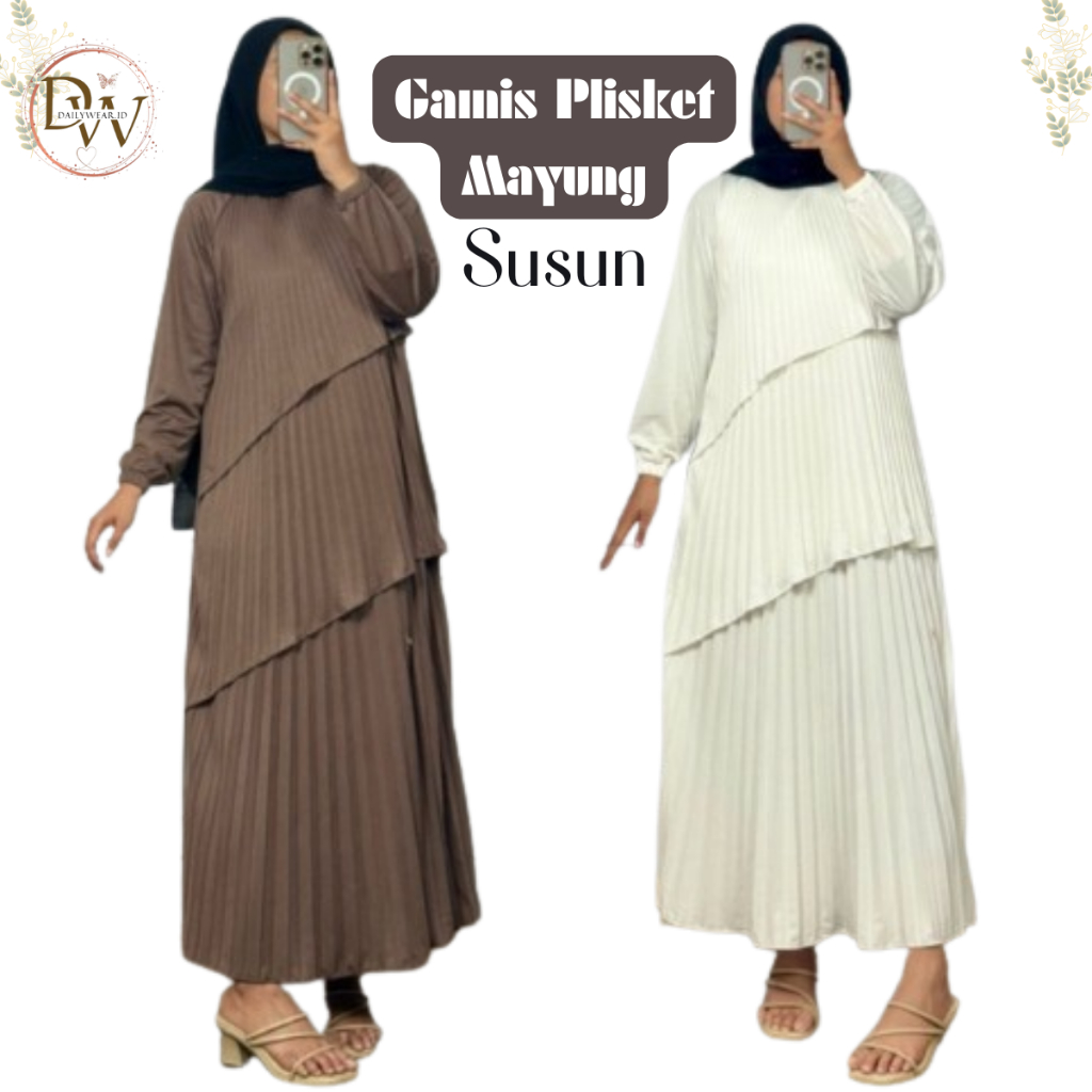 Jual Gamis Plisket Payung Susun Lengan Panjang - Dress Plisket Maxi ...