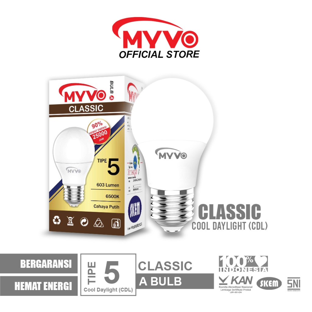 Jual MYVO Lampu LED Classic Tipe 5 A Bulb Bohlam Cahaya Putih | Shopee Indonesia