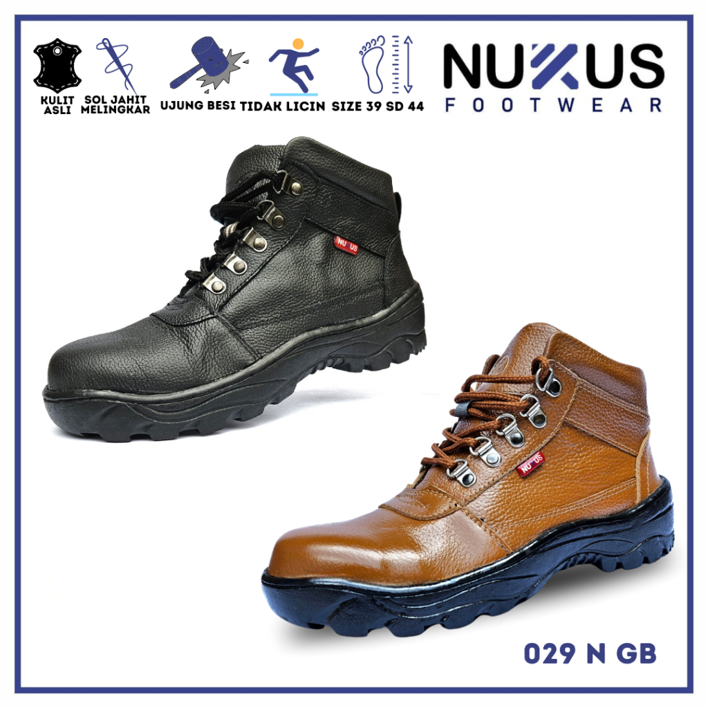 Jual Sepatu Safety Pria High Boots Tali Kulit Sapi Asli Nukus Hitam dan ...