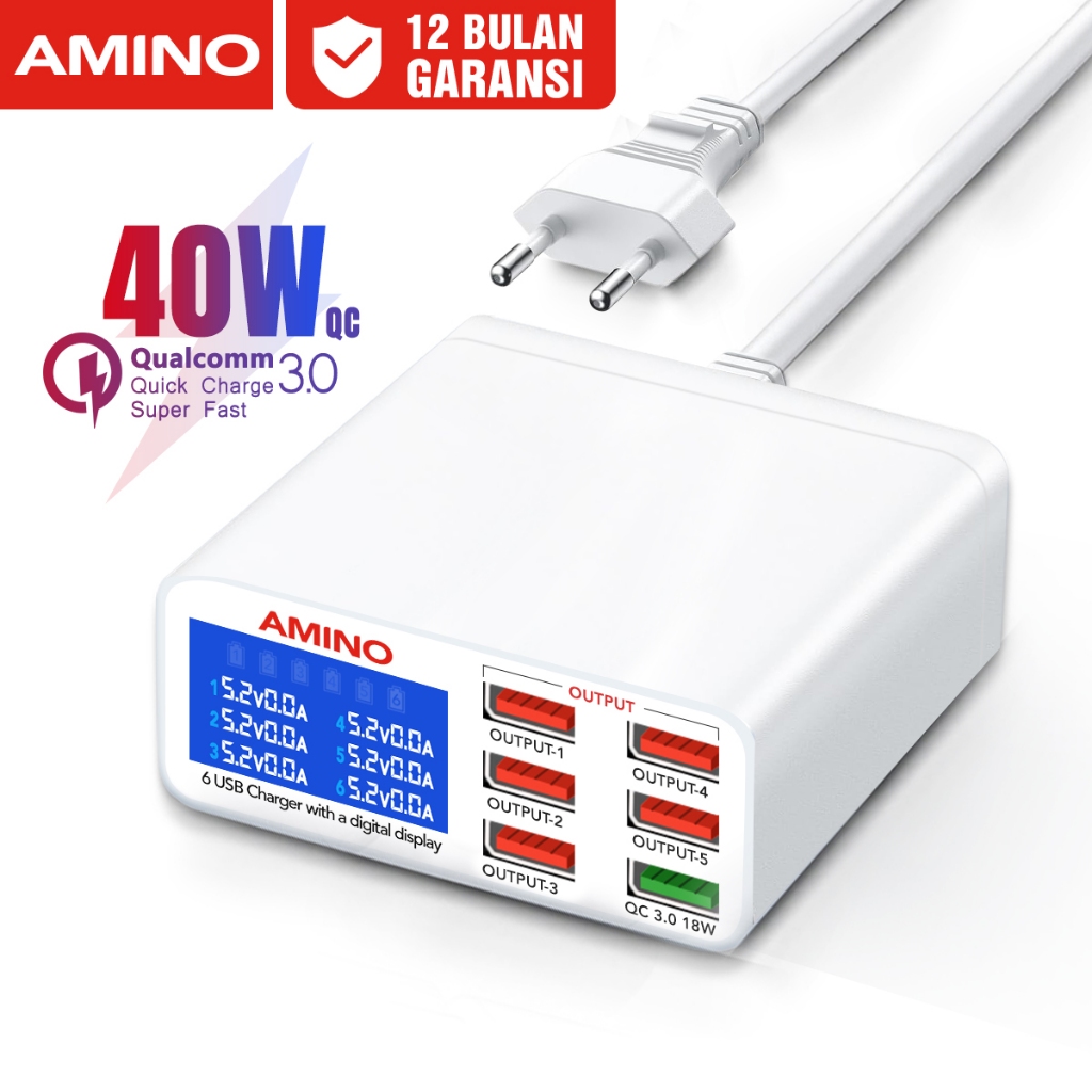 Jual AMINO 40W 6 USB Port Multi Port Charger QC 3.0 Fast Charger LED ...