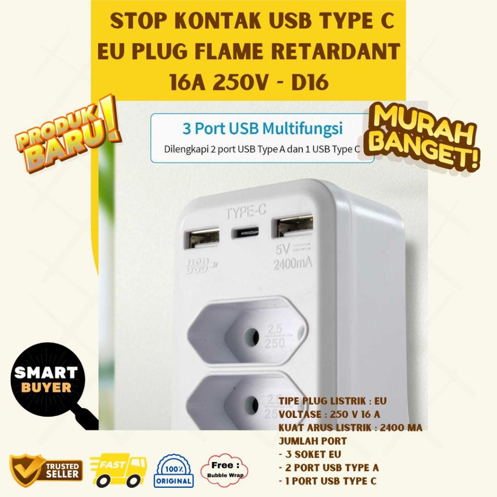 Jual Stop Kontak USB Type C EU Plug Flame Retardant 16A 250V Multifungsi | Shopee Indonesia