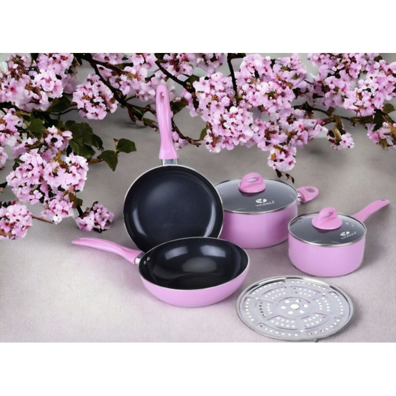 Jual Set Peralatan Masak VICENZA V707 pink metalic lengkap Panci wajan ...