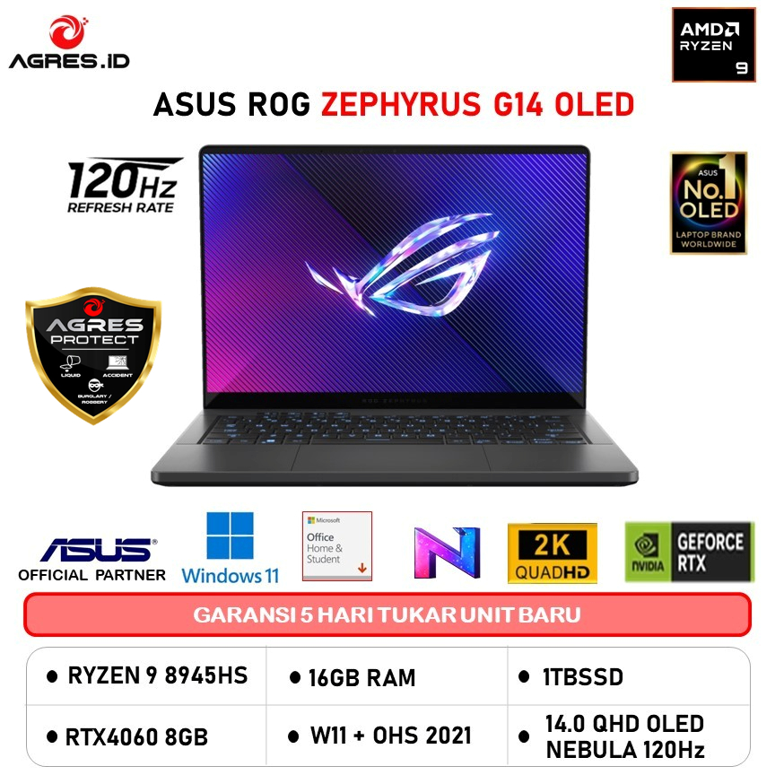 Jual ASUS ROG ZEPHYRUS G14 OLED GA403UV RYZEN 9 8945HS RTX4060 8GB/ 16GB 1TB W11+OHS 14.0QHD ...