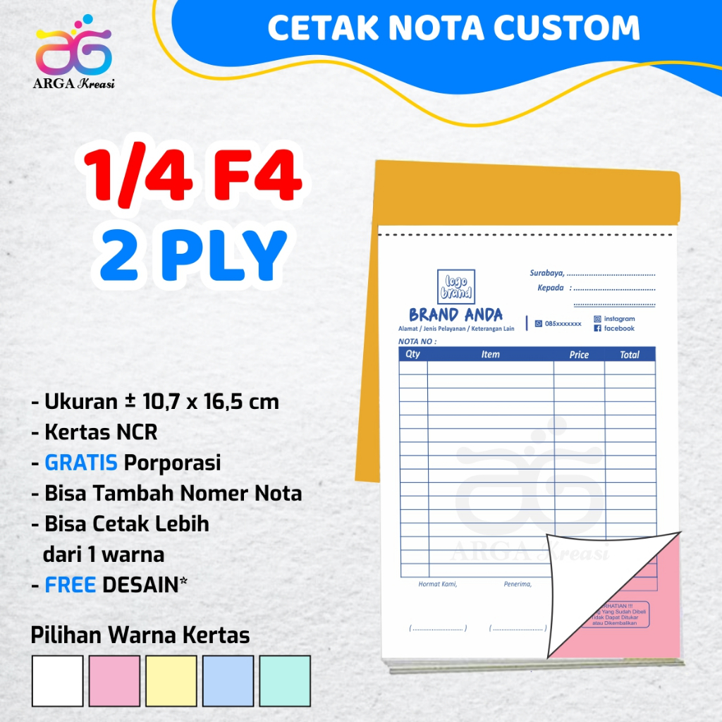 Jual Cetak Nota Custom 2 Ply 1/4 F4 (A6) Kertas NCR Kwitansi Custom Rangkap 2 Bon Kontan Olshop ...