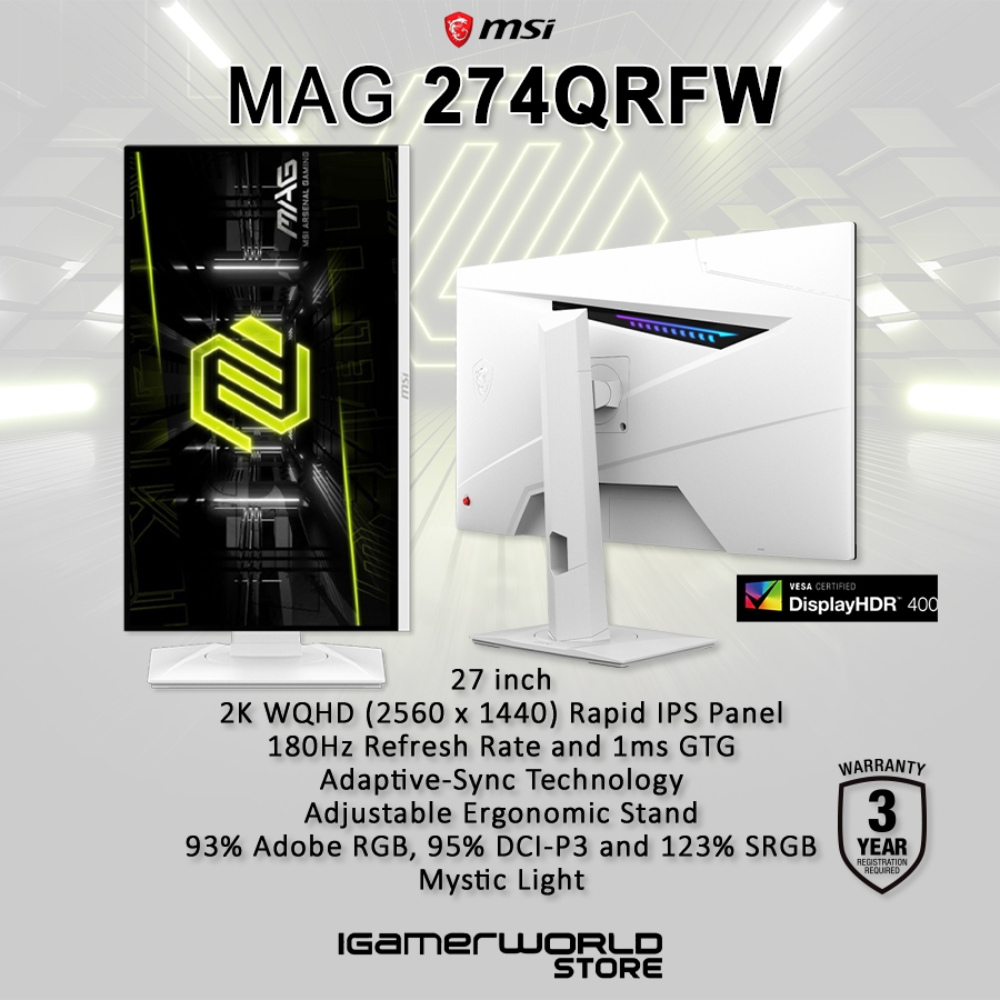 Jual MSI MAG 274QRFW 27 inch 2K WQHD 180Hz 1ms Rapid IPS Gaming Monitor ...