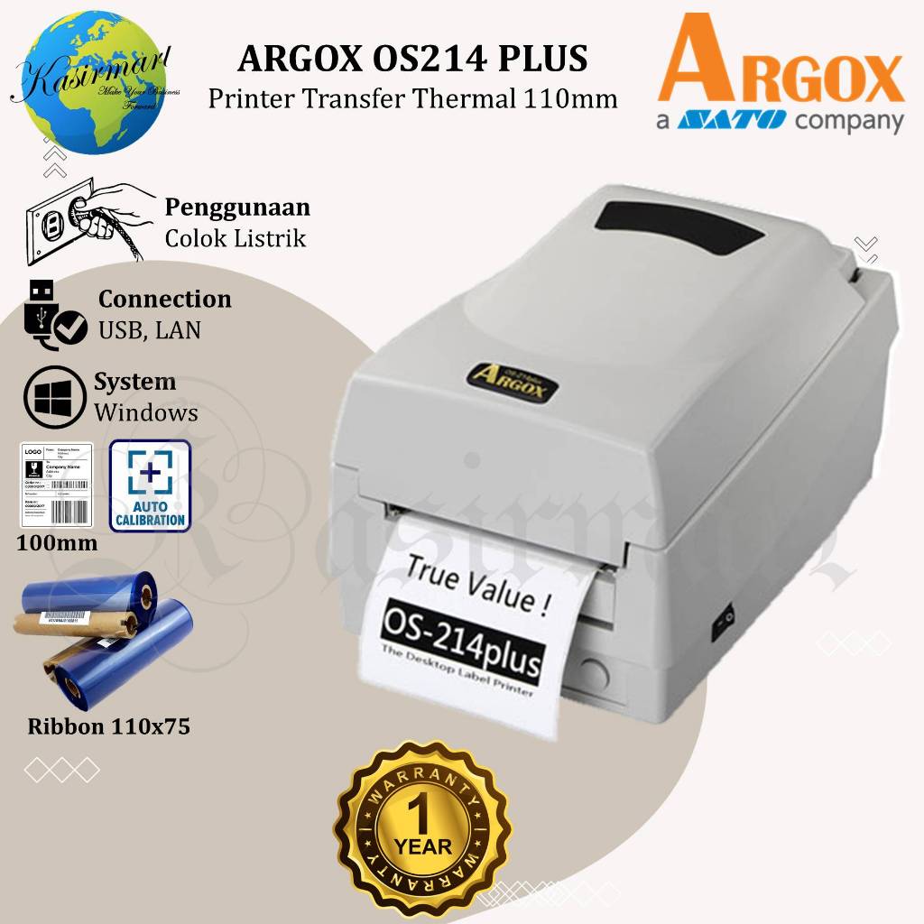 Jual Argox OS214 Plus Printer Barcode Transfer Thermal 110MM USB RS232 ...