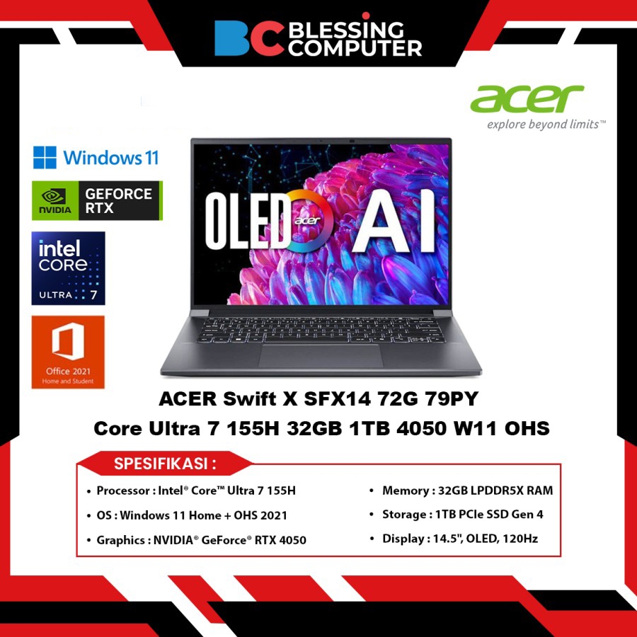 Jual ACER Swift X SFX14 72G 79PY Core Ultra 7 155H 32GB 1TB 4050 W11 OHS | Shopee Indonesia