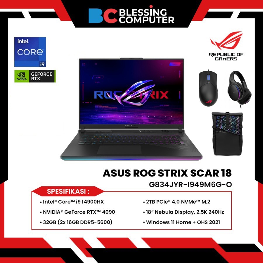 Jual ASUS ROG STRIX SCAR 18 G834JYR-I949M6G-O Core i9 14900HX 32GB 2TB ...