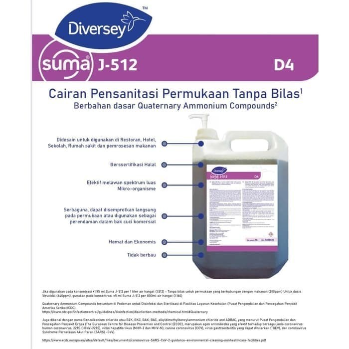 Jual Diversey SUMA J-512 Surface Disinfektan 5 liter CAIRAN PENSANITASI ...