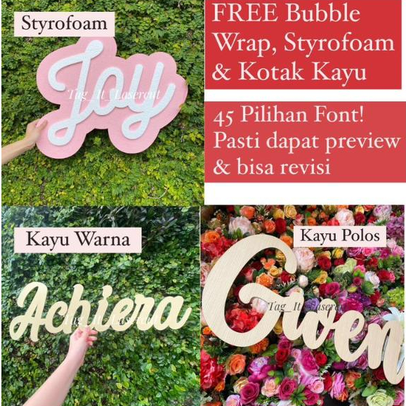 Jual CUSTOM Nama Banner Styrofoam Kayu Warna Wood Gold Rosegold Pink ...