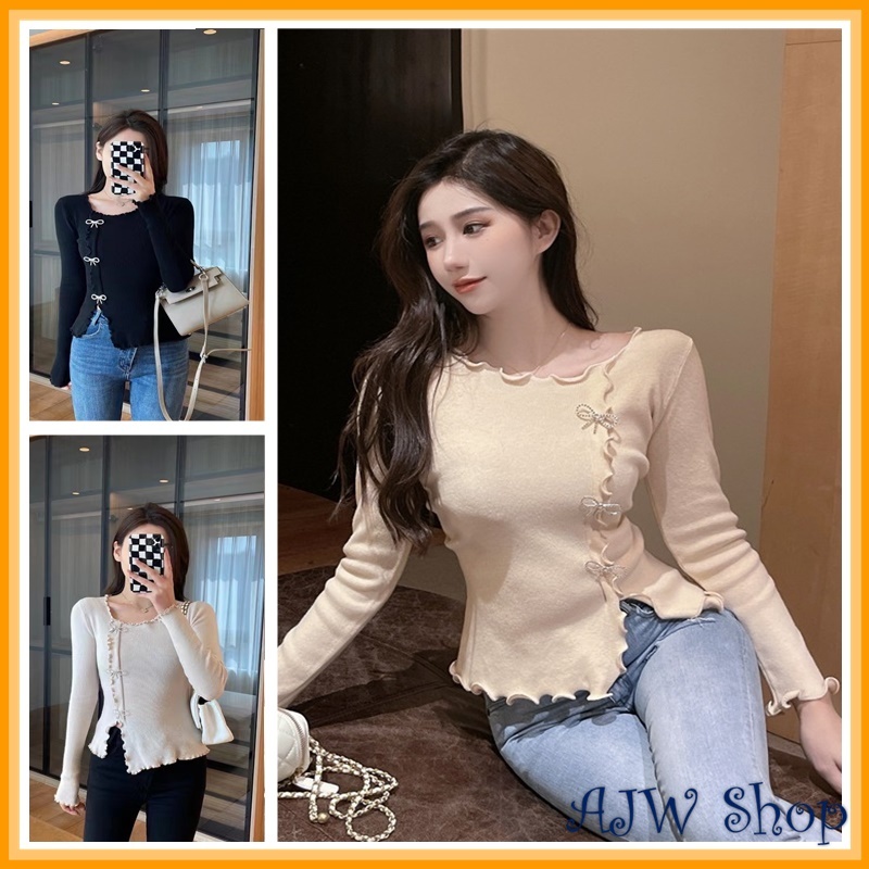Jual AJW Atasan Rajut Wanita Asymmetric Top Korean Style XDW | Atasan Wanita Button Top Knit ...