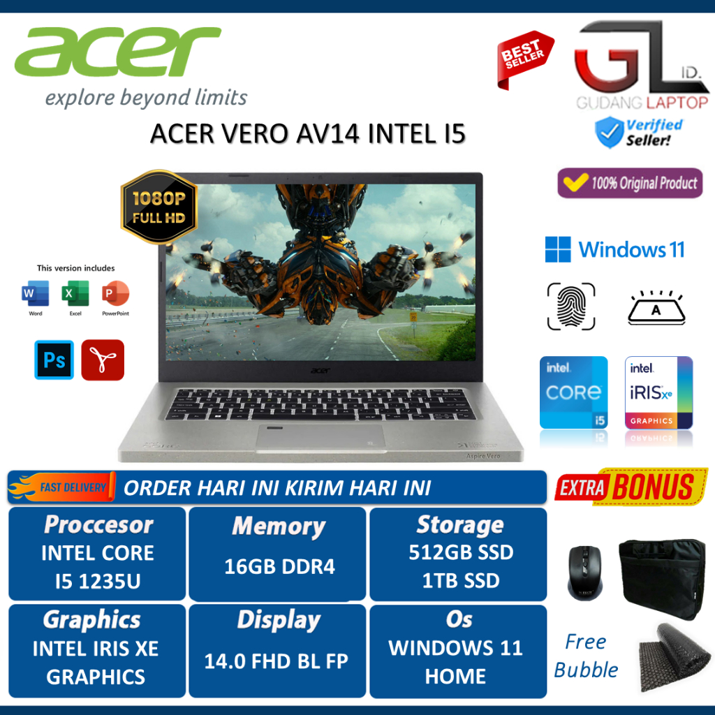 Jual Laptop acer aspire vero av14 intel i5 1235u 16gb 1tb 14inch ...