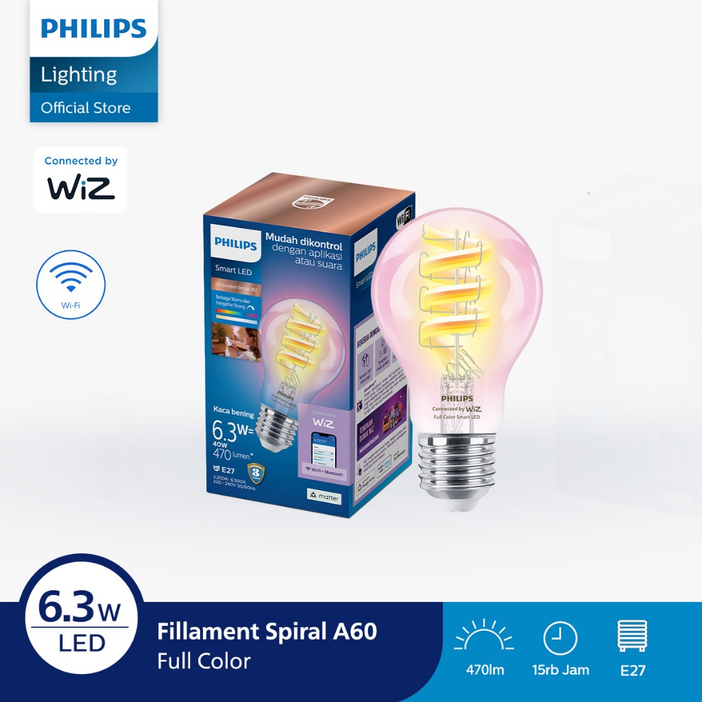 Jual Philips Lampu Smart Wifi LED Filamen Spiral 6.3W A60 RGB | Shopee ...
