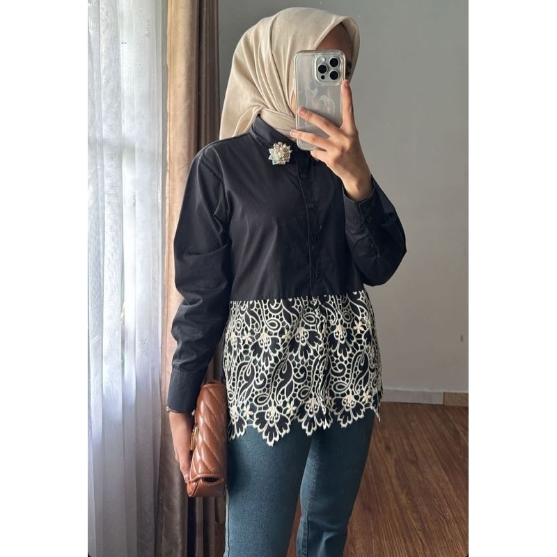 Jual ALLERIA | Hana Shirt | Kemeja Katun Lace | Hitam | Formal | Cotton ...