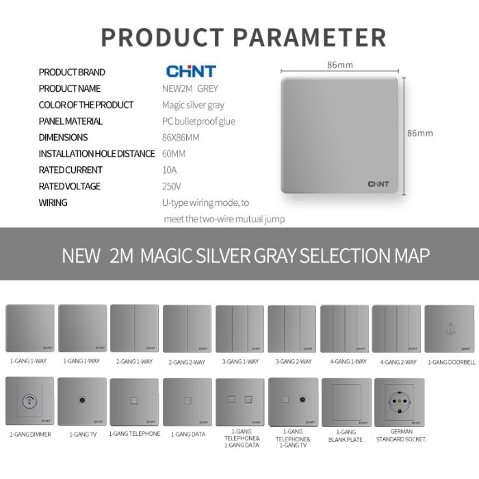 Jual CHINT NEW2M - SILVER SERIES - 1 gang - 2 gang - 3 gang - standart ...