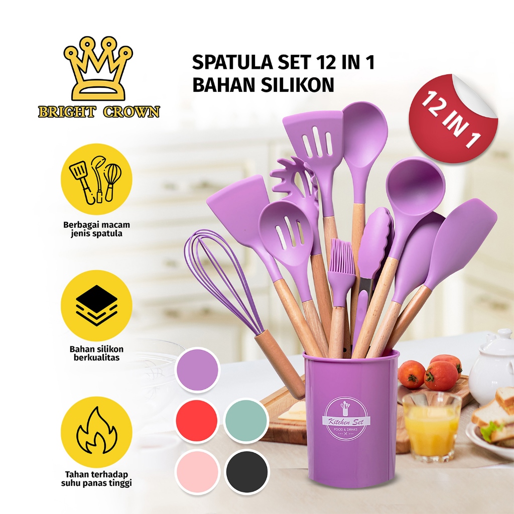 Jual Bright Crown Spatula Silicone Set Tahan Panas 11Pcs Pegangan Kayu ...