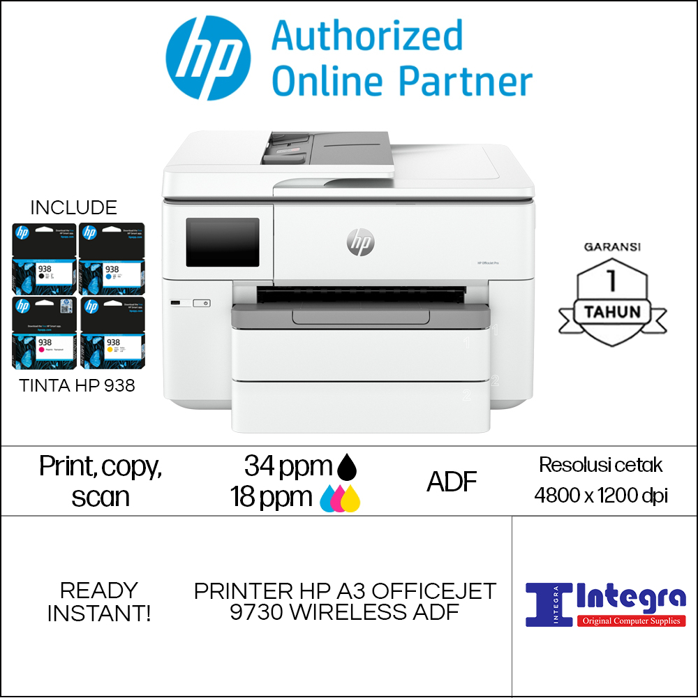 Jual Printer HP OfficeJet Pro 9730 Print Scan Copy Fax Printer A3 Wireless Tinta HP 938 938e ...