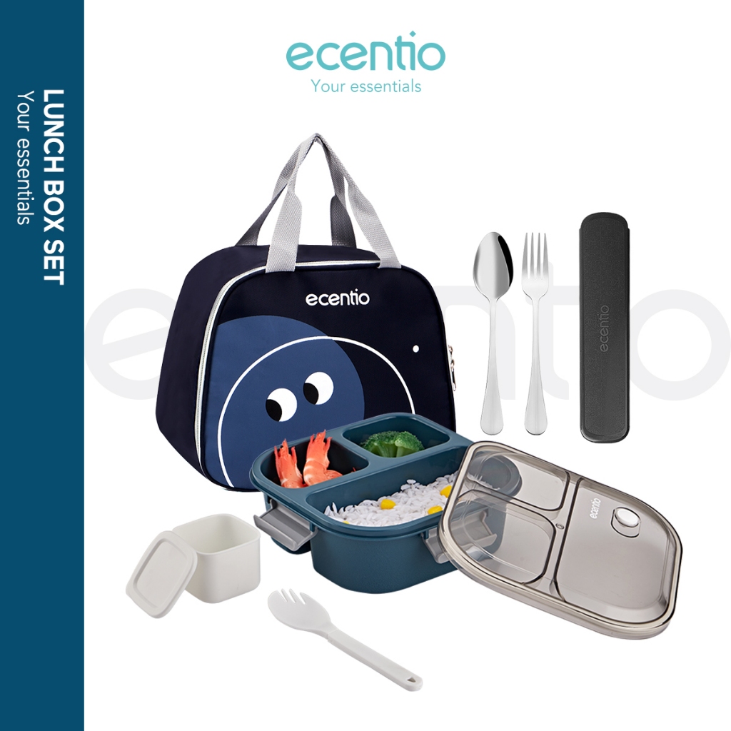 Jual ecentio kotak makan anti tumpah 3 grid 1100ml /lunch box set tempat bekal makan tas bekal ...