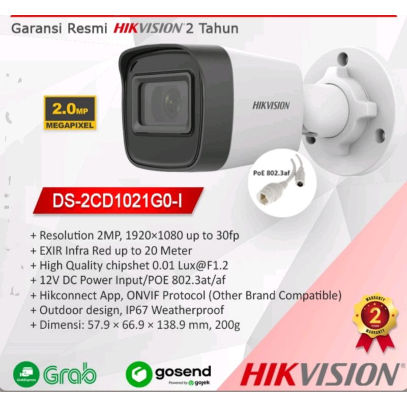Jual DS-2CD1021G0-I Hikvision 2MP PoE IP Camera CCTV Outdoor Bullet IR 20M | Shopee Indonesia