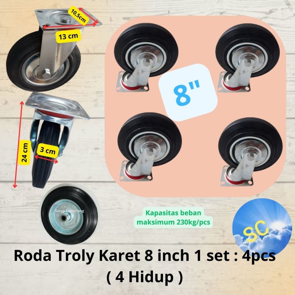 Jual Roda Troli Karet 8"inch 1 set : 4 pcs ( 4 Hidup ) Troly | Shopee ...