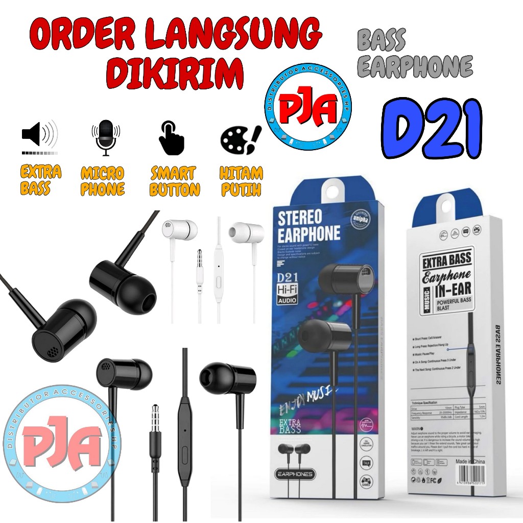 Jual Headset Bass Earphone Handsfree D21 Stereo Super Bass | Shopee Indonesia