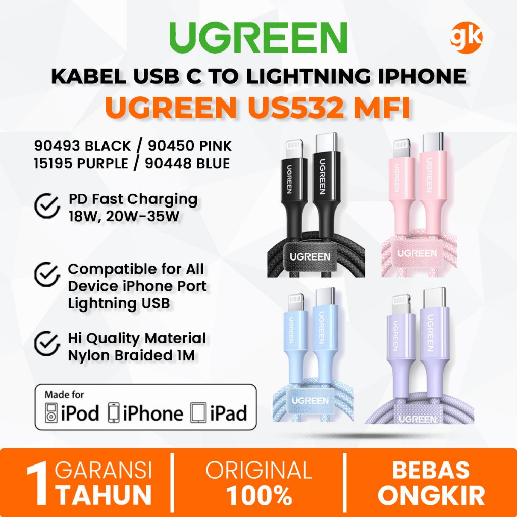 Jual UGREEN Kabel Data MFi Fast Charger PD 20W - 35W 18W USB Type C to Lightning iPhone 1M ...