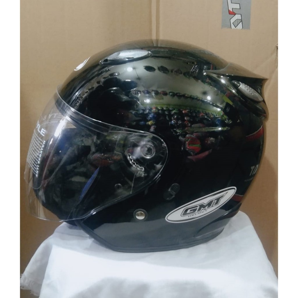 Jual Helm Half Face HITAM GLOSS GMT Dobel kaca / Double Visor Original ...