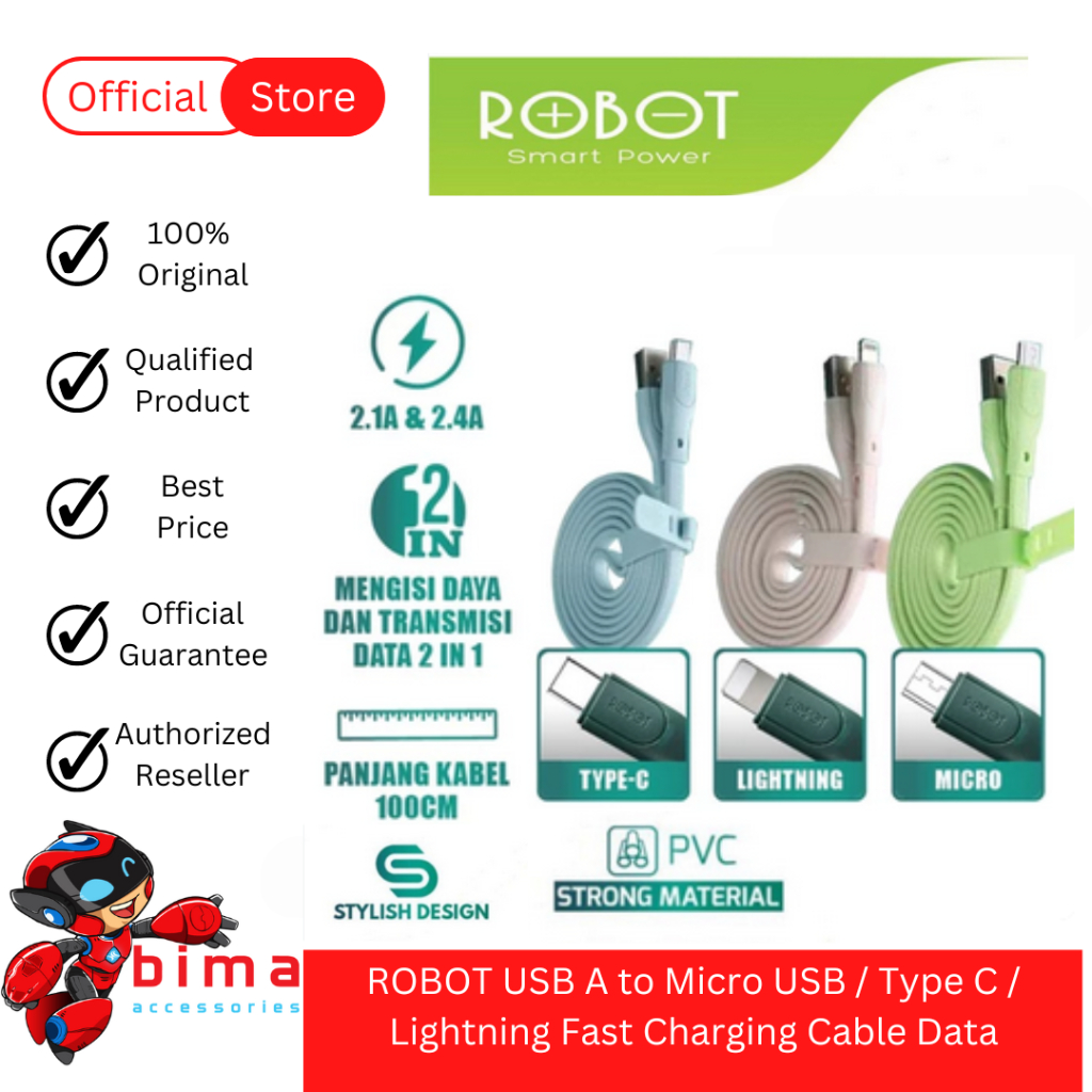 Jual ROBOT USB A to Micro USB / Type C / Lightning Fast Charging Data ...