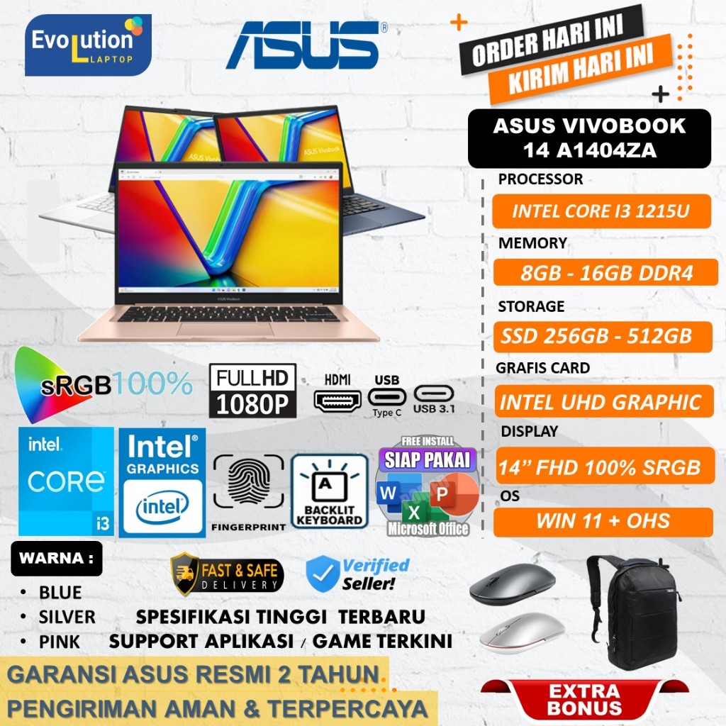 Jual Laptop ASUS VIVOBOOK 14 A1404ZA Intel i3 1215U RAM 16GB 512GB SSD 14 FHD IPS 100Srgb ...