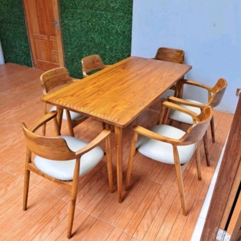 Jual Meja Makan Minimalis Kayu Jati - Set 6 Kursi Jati | Shopee Indonesia