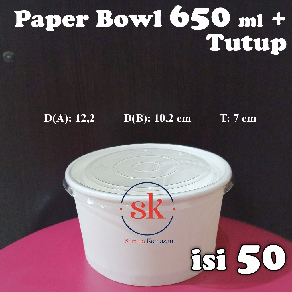 Jual (ISI 50) Paper Bowl Mangkok Kertas Putih 650 ml + Tutup | Shopee ...