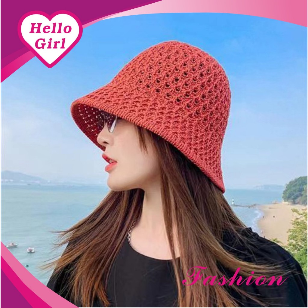 Jual (Hello Girls )MZ57 Topi Musim Panas Bucket Hat Rajutan Berongga ...