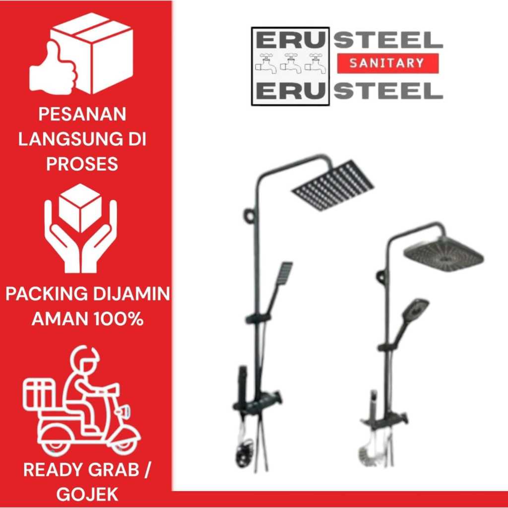 Jual ERUSTEEL PAKET Shower Tiang Hitam / Rainfall Shower Set Black ...