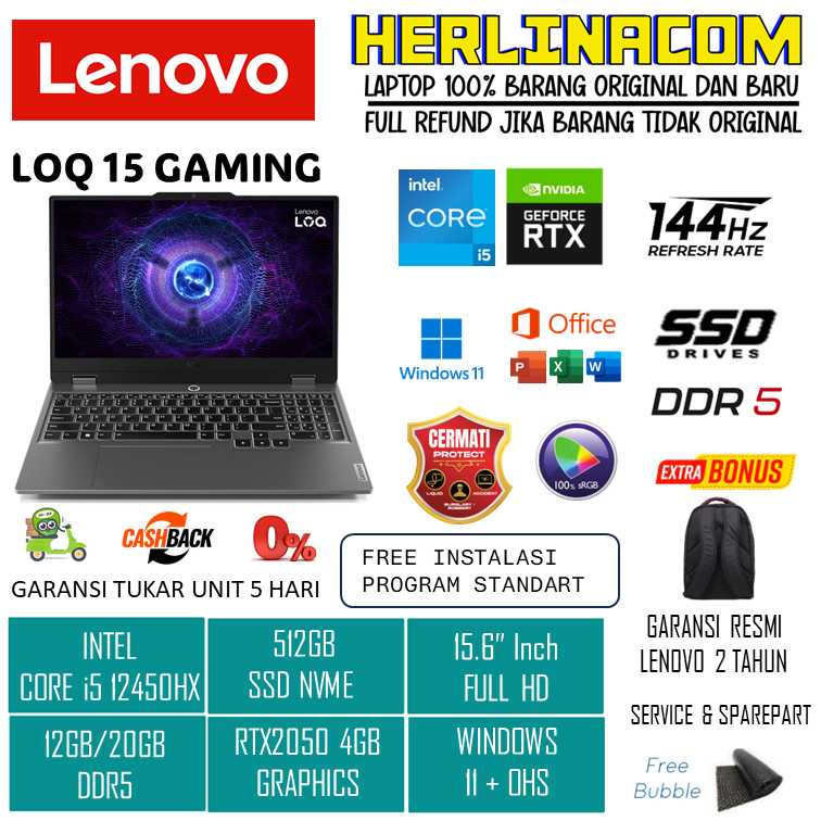 Jual Laptop gaming Lenovo LOQ 15 Intel core i5 12450HX RTX2050 4GB ...