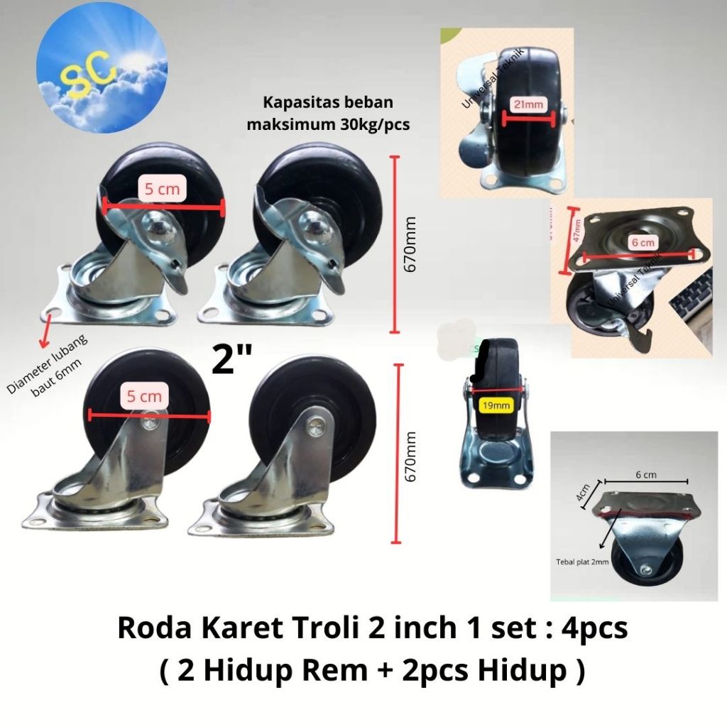 Jual Roda Troli karet Troli 2 inch trolley 1 set = 4pcs ( 2 Hidup + 2 ...