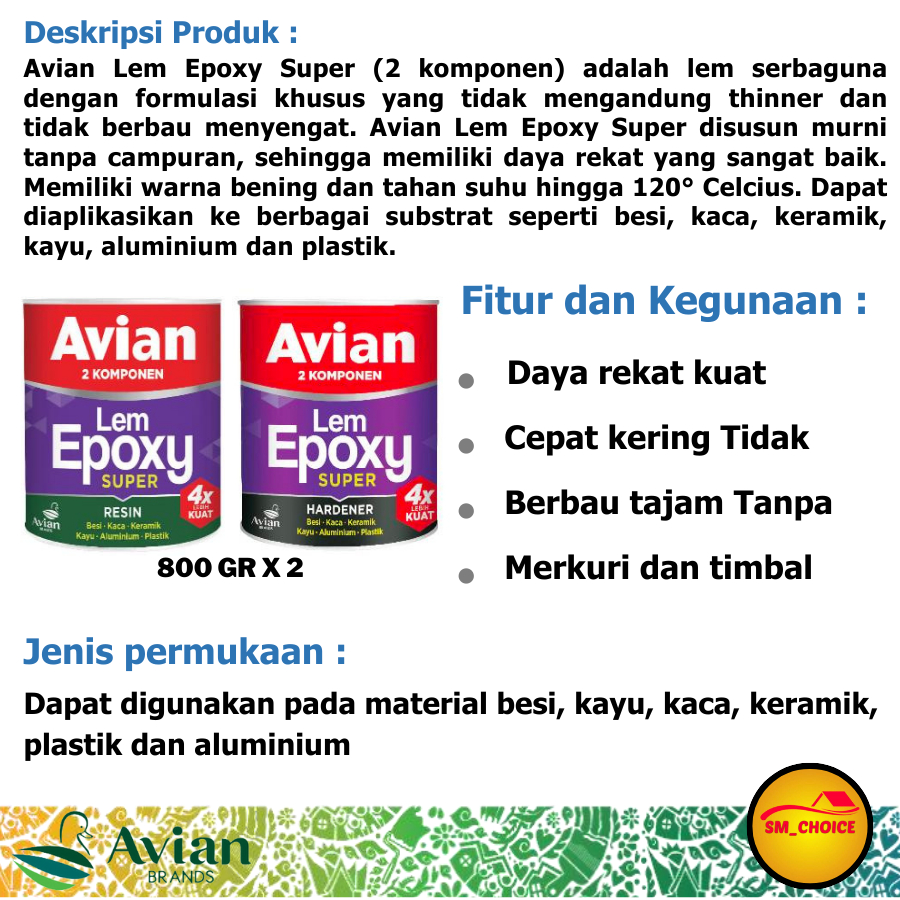 Jual LEM EPOXY AVIAN 2 KOMPONEN HARDENER+RESIN 1.6 KG LEM EPOXY AVIAN SERBAGUNA 800GR X 2 = 1 ...