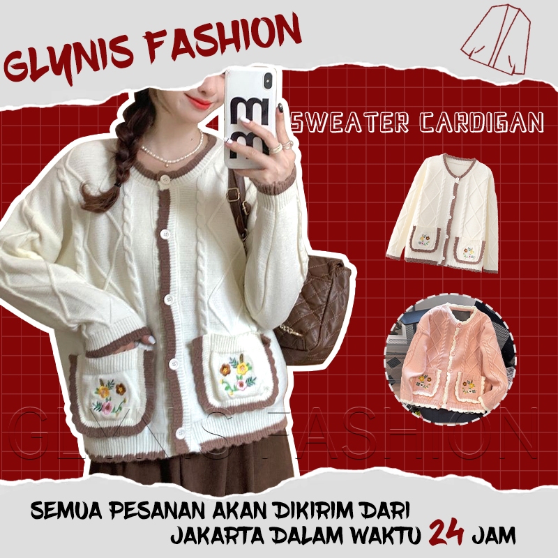 Jual Cardigan Saku Bordir korean style cardigan rajut knitwear saku bunga bordir atasan rajit ...