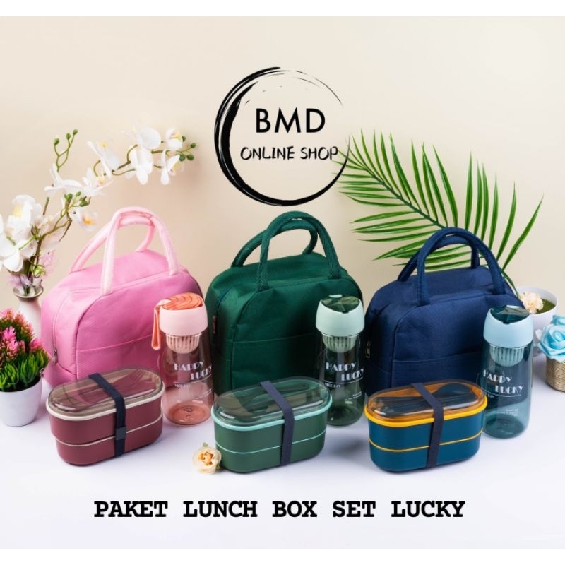 Jual Kotak Makan 700ml Botol Minum 600ml dan Tas Bekal / Paket 3In1 Lunch box | Shopee Indonesia