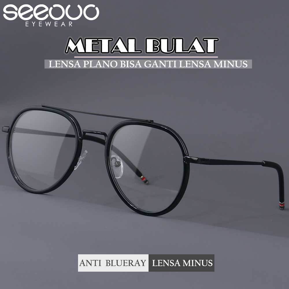 Jual Seeouo Frame Kacamata Antiradiasi Blueray Lens Model Bulat Double Bridge Keren Bahan Metal ...