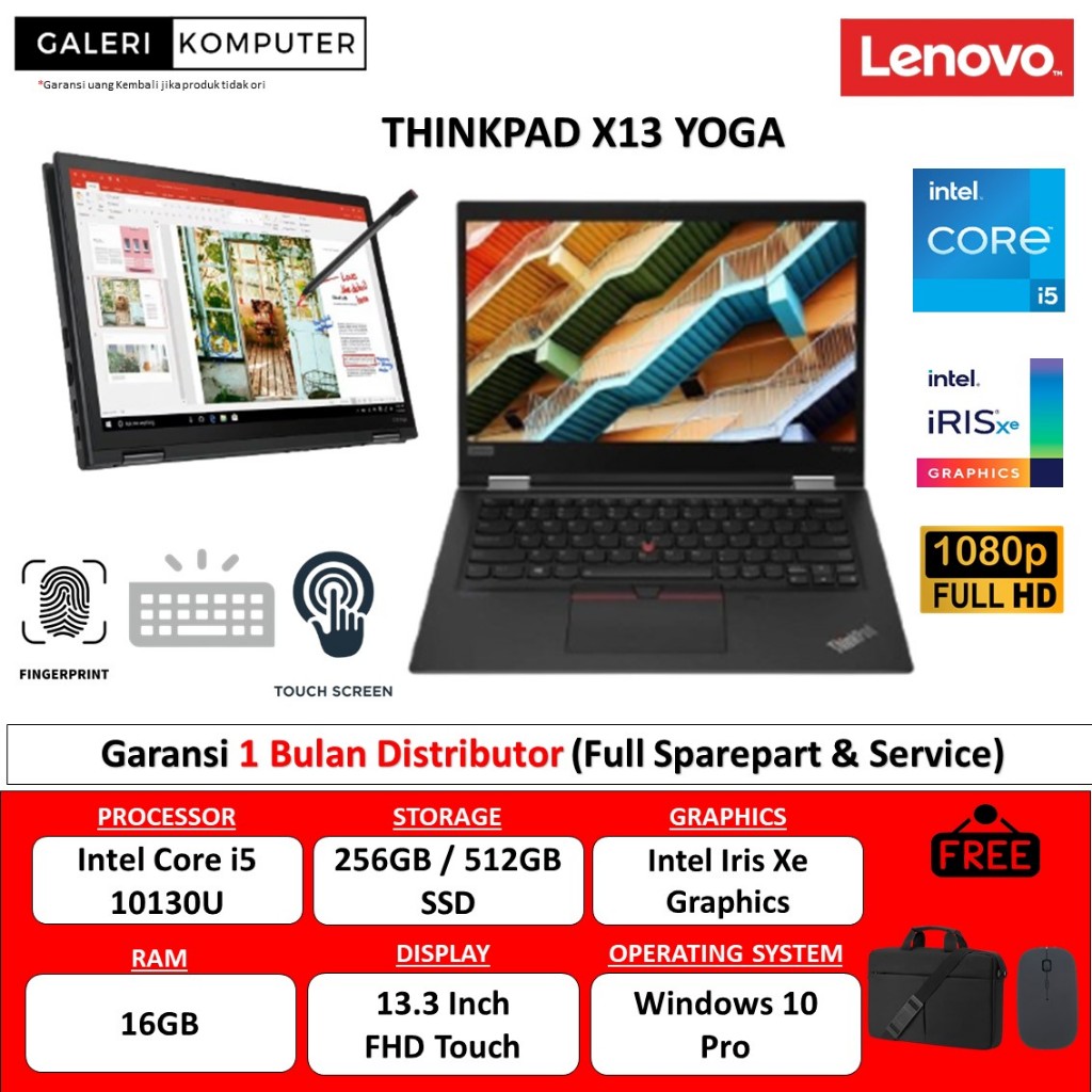 Jual LAPTOP LENOVO THINKPAD X13 Yoga Intel i5 10130U 16GB 512GB 13.3" FHD Touch Win10Pro ...
