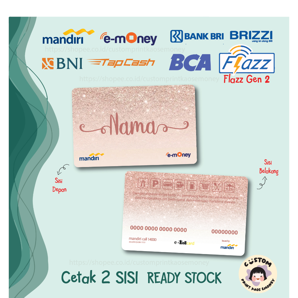 Jual KARTU E MONEY E TOLL CUSTOM NAMA GLITTER PINK PINKY CUTE MANDIRI EMONEY BNI TAPCASH BRI ...