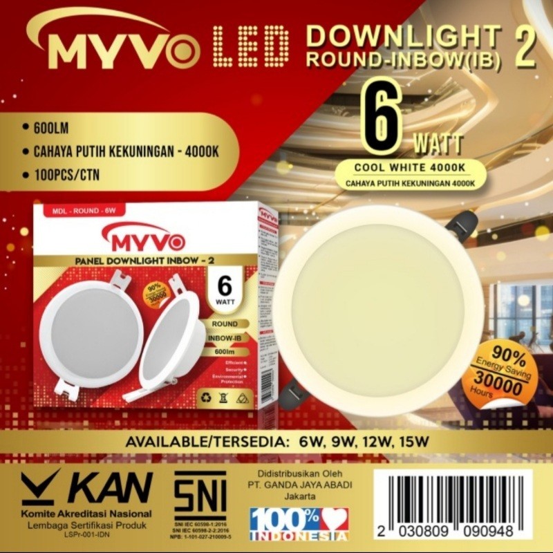 Jual MYVO LAMPU PANEL DOWNLIGHT INBOW PUTIH KEKUNINGAN 6 WATT SNI ...