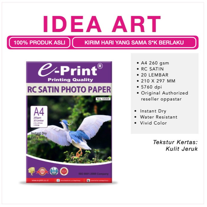 Jual Kertas Foto RC Satin Photo Paper e-Print A4 260 gsm isi 20 Lembar ...