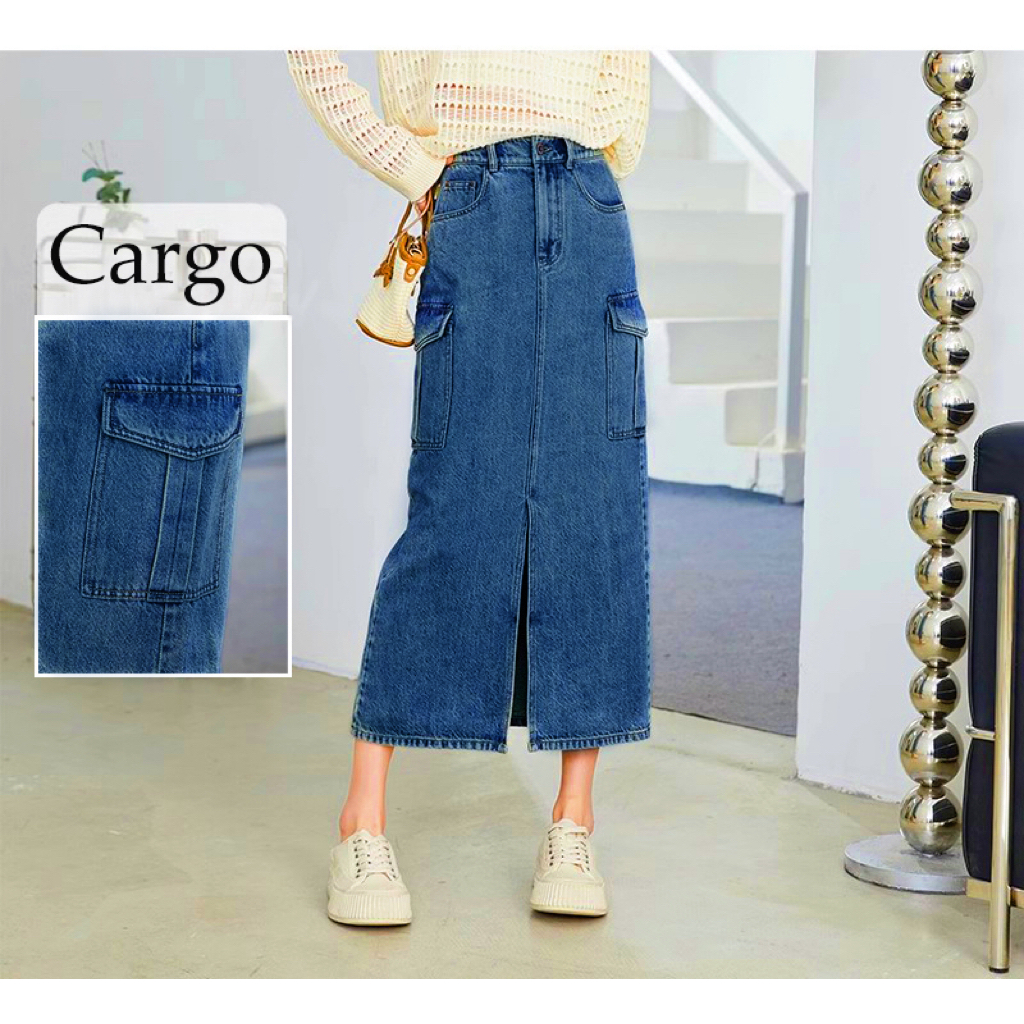 Jual Korea Rok Denim Rawis Highwaist Rok Jeans Wanita Biru Kasual Rok A ...