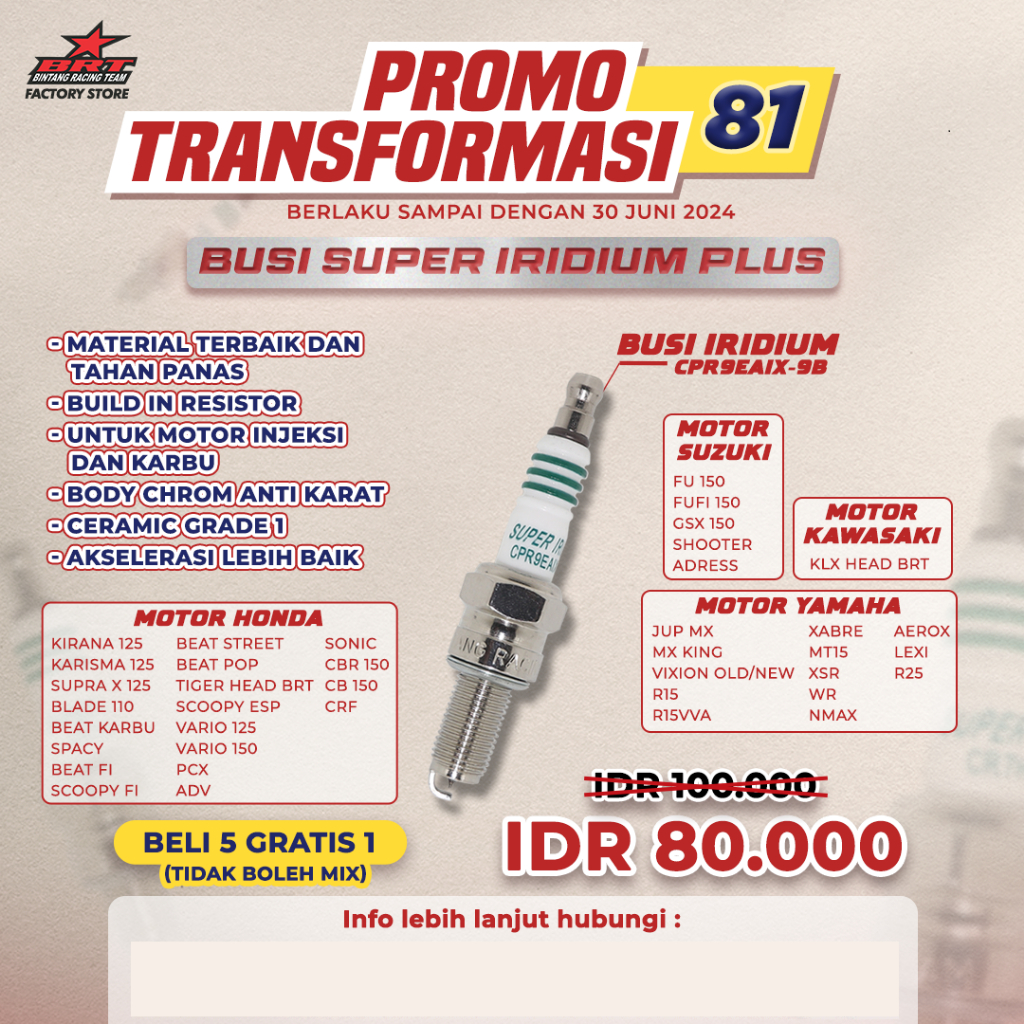 Jual BUSI SUPER IRIDIUM PLUS BRT TIPE CPR9EAIX-9B BINTANG RACING TEAM - CRF 150 / CB 150 / CBR ...