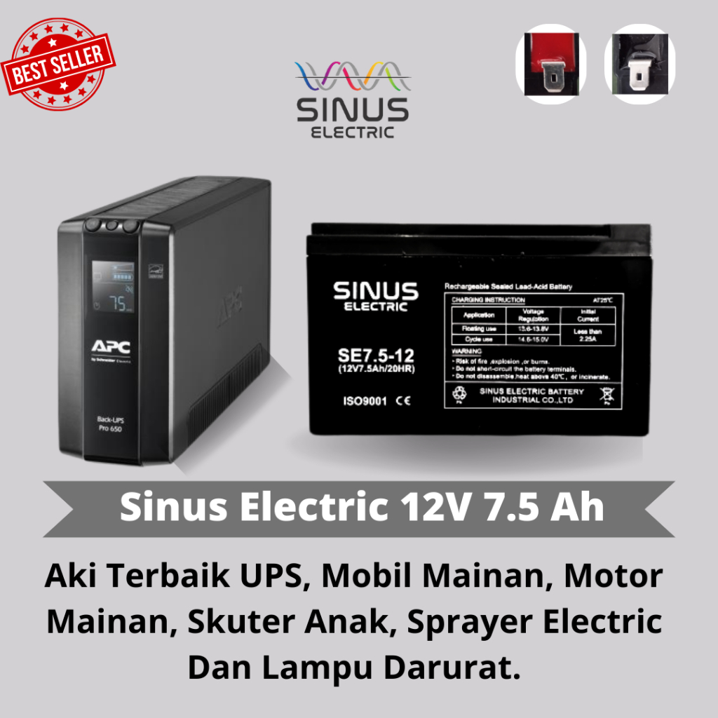 Jual Aki UPS CCTV LAMPU EMERGENCY PANEL SURYA 12V 7.5Ah SINUS ELECTRIC ...